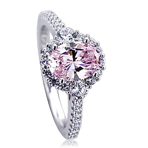Platinum Plated Sterling Silver Ring 1.2 CT Oval Super Light Pink CZ Stone Halo Ladies Cocktail Ring (Size 5 to 9), 7
