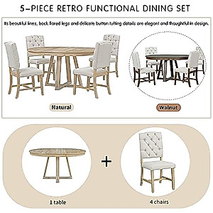 Merax, Natural 5-Piece Retro Functional Set,Round Table with a 16" W Leaf and 4 Upholstered Chairs for Dining Room