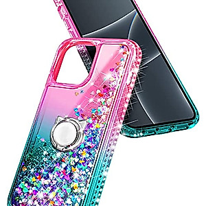 NGB Supremacy Compatible for iPhone 13 Case (6.1 inch) with Tempered Glass Screen Protector, Ring Holder/Wrist Strap, Girls Women Kids Bling Sparkle Liquid Glitter Cute Case (Pink/Aqua)