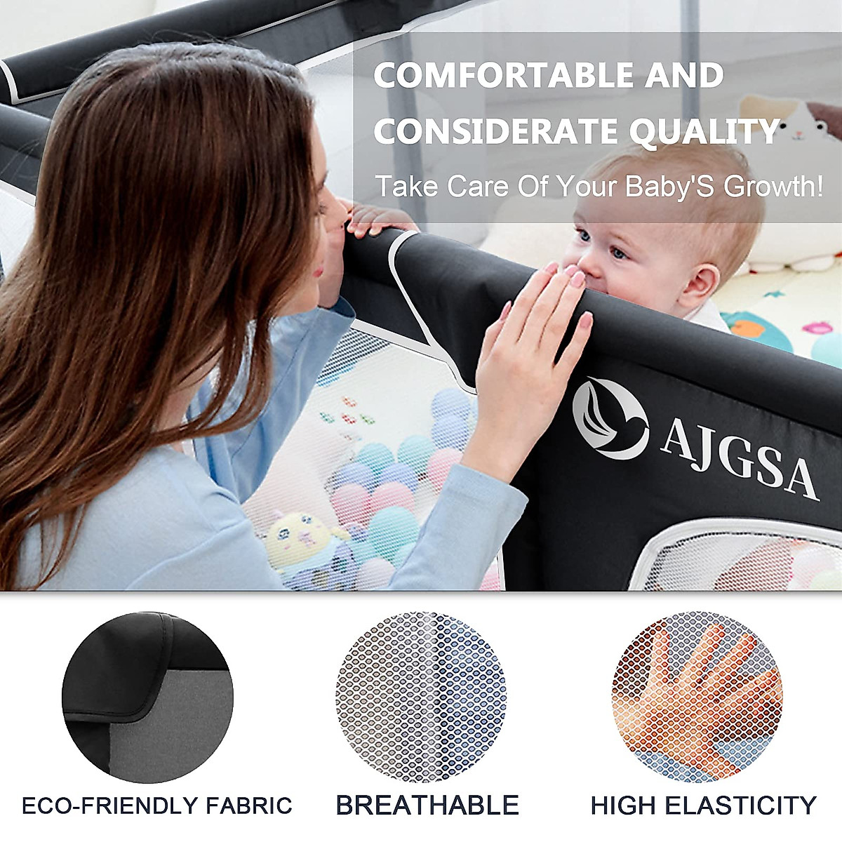 Ajgsa Baby Playpen for Toddler, Sturdy Non-Toxic Safety Play Kids Activity Center with Soft Breathable Mesh for Indoor & Outdoor Playpen for Babies (50x50x27inch) (Black), (BABY-15022)