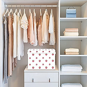 CaTaKu Small Cute Strawberry Storage Bins with Lids Fabric Large Storage Container Cube Basket with Handle Decorative Storage Boxes for Organizing Clothes Shelves