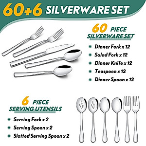 66 Pieces Silverware Flatware Set with Serving Utensils, Stainless Steel Square Cutlery Set for 12, Tableware Cutlery Set Include Knife Fork Spoon Set, Mirror Polished, Dishwasher Safe
