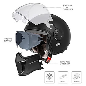 TRIANGLE Full Face Motorcycle Helmets,Off-Road Motocross Helmet for Men & Women,Dual Visor with Internal Tinted Sunshield,Open Face 3/4 Adult Racing Helmet DOT Approved(Black,XL)