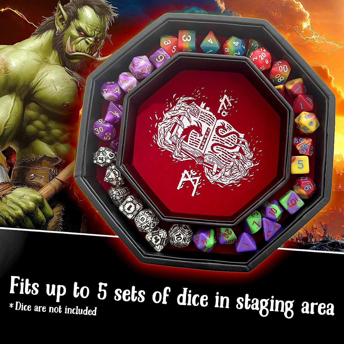 Fantasydice Red Fire Dragon Dice Tray with Lid – 9" Octagon with Dice Staging Area, Holds 5 Dice Sets – Perfect for D&D, Call of Cthulhu, Shadowrun, and All Tabletop RPGs