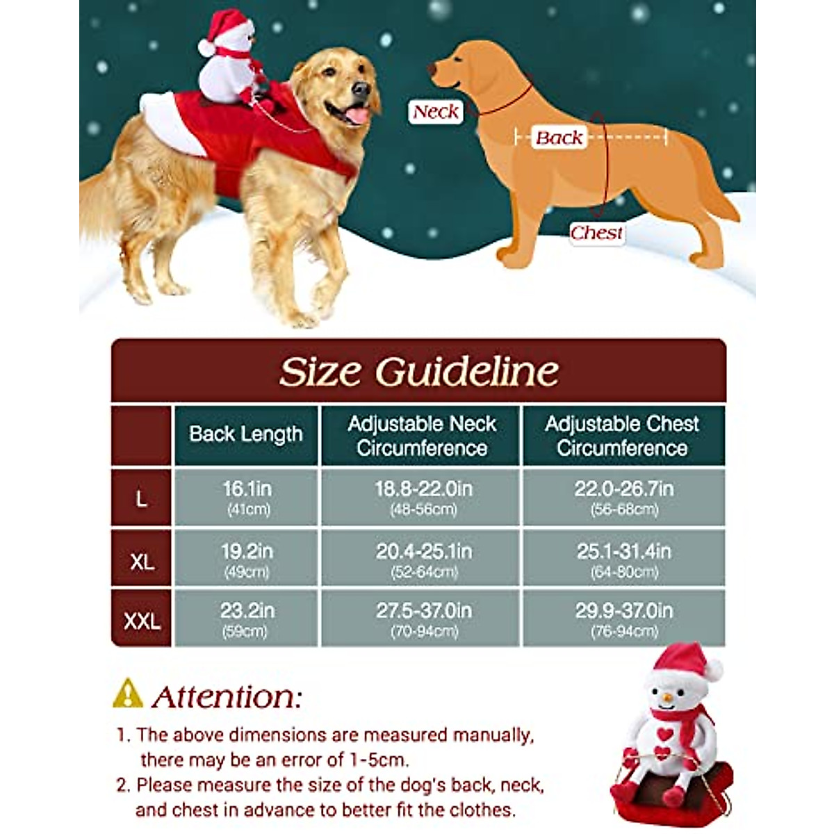 Lewondr Dog Christmas Costume,Winter Snowman Shaped Doll Riding on Dog Apparel Party Dressing Up Clothing for Pet Christmas Riding Outfit for Dogs Antler Hoodie Clothes Xmas Costumes,XX-Large Size,Red