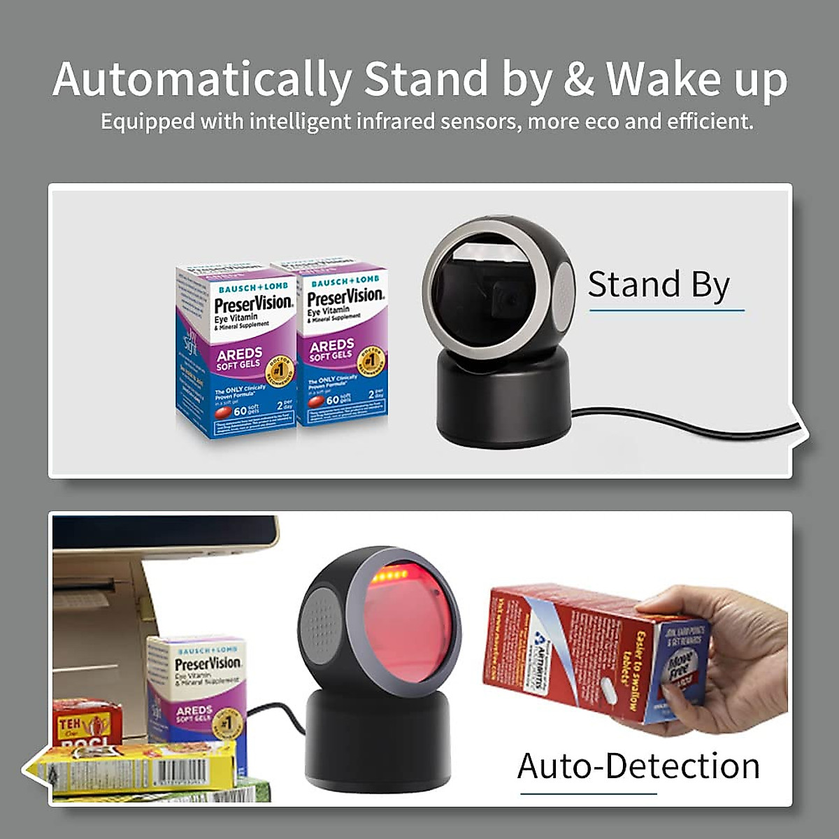 Alacrity 2D 1D QR Desktop Barcode Scanner, Omnidirectional Hands Free USB Wired Barcode Reader, Capture Codes on Screen, 3300DW, Black