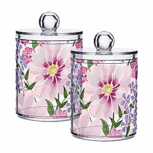 SUABO Plastic Jars with Lids,Pink Flower White St Storage Containers Wide Mouth Airtight Canister Jar for Kitchen Bathroom Farmhouse Makeup Countertop Household,Set 2