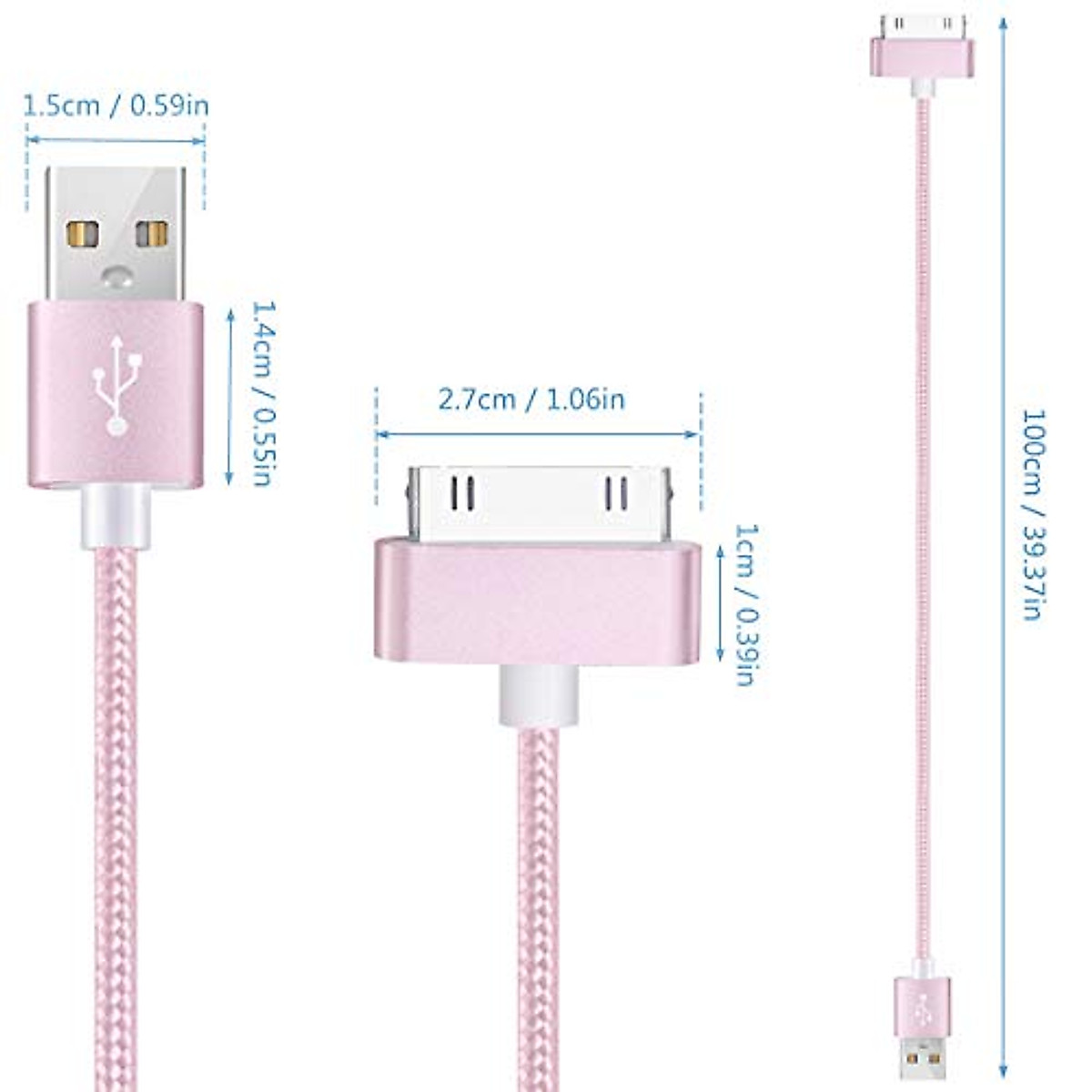 Yoodelife 3 Feet Replacement High Speed USB 2.0 Nylon Braided Sync and Charging Charger Cable Cord for Apple iPhone 4, 4s, 3G, 3GS, 2G, iPad 1/2/3 iPod Touch, iPod Nano - Rose Gold