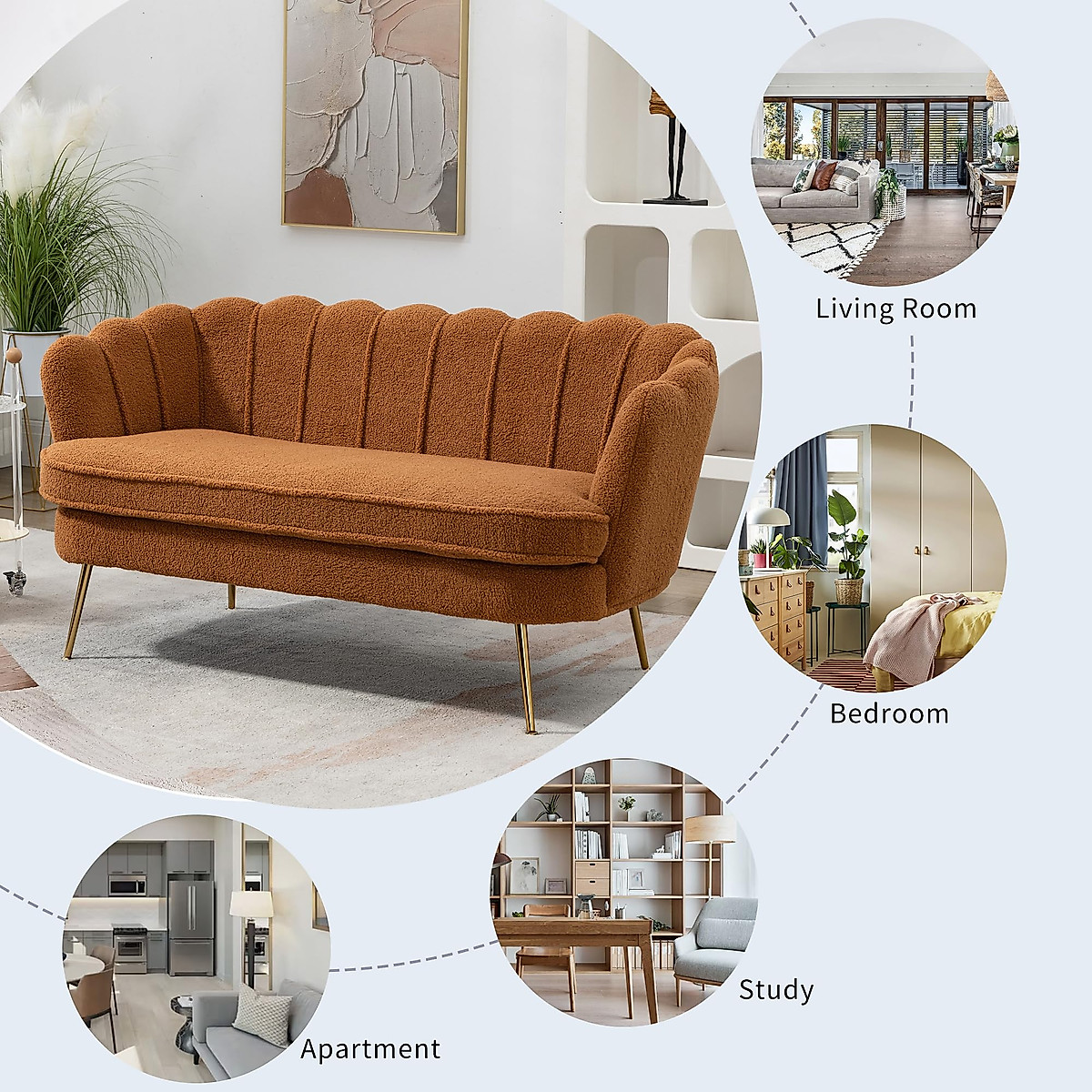 Gustonhon 59" Modern Boucle Loveseat Couch, Small Sofa with Gold Metal Legs,2-Seater Upholstered Mini Sofa Couches for Small Space,Living Room Bedroom Office Dorm Studio Apartment (Caramel)