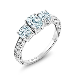 Gem Stone King 10K White Gold Sky Blue Aquamarine and White Lab Grown Diamond 3 Stone Engagement Ring For Women (1.79 Cttw, Oval Gemstone March Birthstone, Available in size 5, 6, 7, 8, 9)