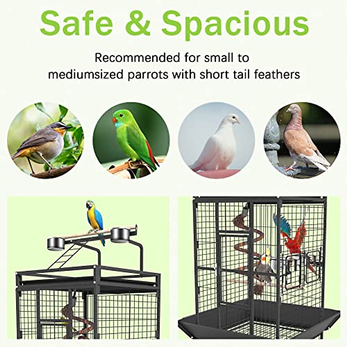 61'' Bird Cage, Large Bird Flight Cages Aviary with Rolling Stand & Bottom Tray, Wrought Iron Birdcage with PlayTop & Rope Bungee Bird Toy for Parakeet, Parrot, Lovebirds, Pigeons, Cockatiels, Macaw