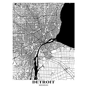 Detroit City Map Wall Art - 11x14" UNFRAMED Print - Modern, Minimal, Black And White Detroit, MI Wall Decor - Detroit Gifts For Women And Men, Souvenirs, Poster