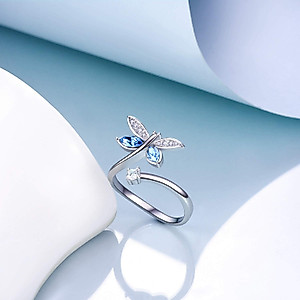 AOBOCO Blue Dragonfly 925 Sterling Silver Rings for Women Austrian Element Adjustable Open Wrap Rings Light Sapphire Jewelry Gift for Mom Grandma
