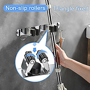 Bugu Bird Broom organizer wall mount，2pcs Mop and Broom Holder Wall Mount ,broom hanger ,Stainless Steel Heavy Duty Hooks Self Adhesive Hanger for Home Goods（ Grey