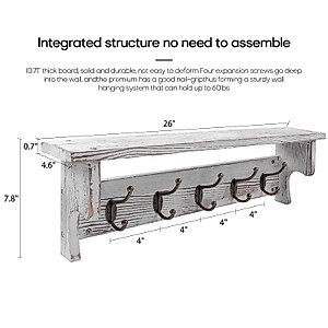 35" Long Coat Rack Wall Mount with Shelf, Rustic Wooden Entryway Shelf with 8 Hanger Hooks, Farmhouse Mounted Pinewood Floating Wall Hook Rack Shelf for Kitchen Bathroom Mudroom Laundry, White