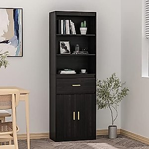 Homsee Tall Bookcase Bookshelf with 3 Tier Open Shelves, 1 Drawer and 2 Doors, Wooden Display Storage Cabinet for Home Office, Living Room, Black and Brown