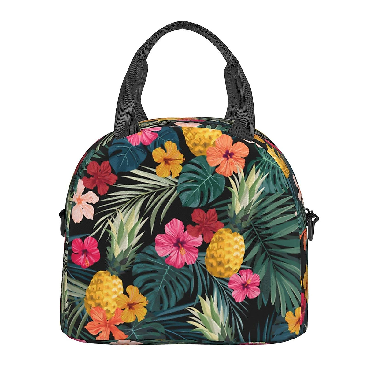 Palm Leaves Hibiscus Flowers Lunch Bag Tropical Pineapples Fruit Reusable Insulated Lunch Tote Bag Lunchbox Container With Adjustable Shoulder Strap For Office Work School Picnic Travel