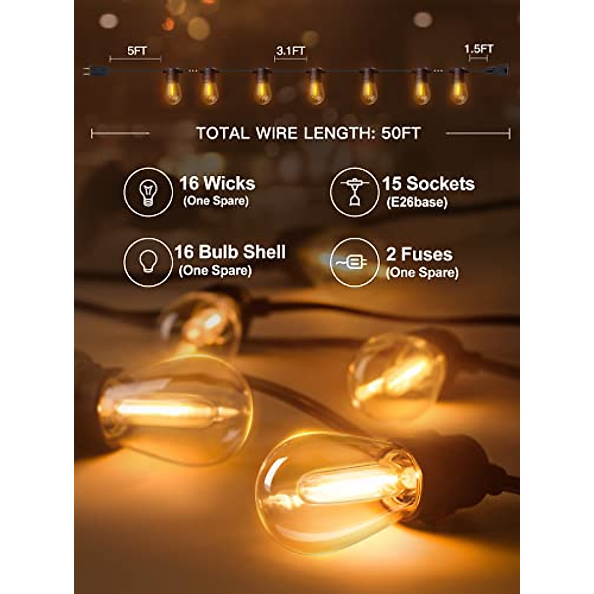 addlon 50FT LED Outdoor String Lights with Edison Shatterproof Bulbs, Weatherproof Strand, Commercial Grade Patio Lights, Decorative for Garden or Patio, Black