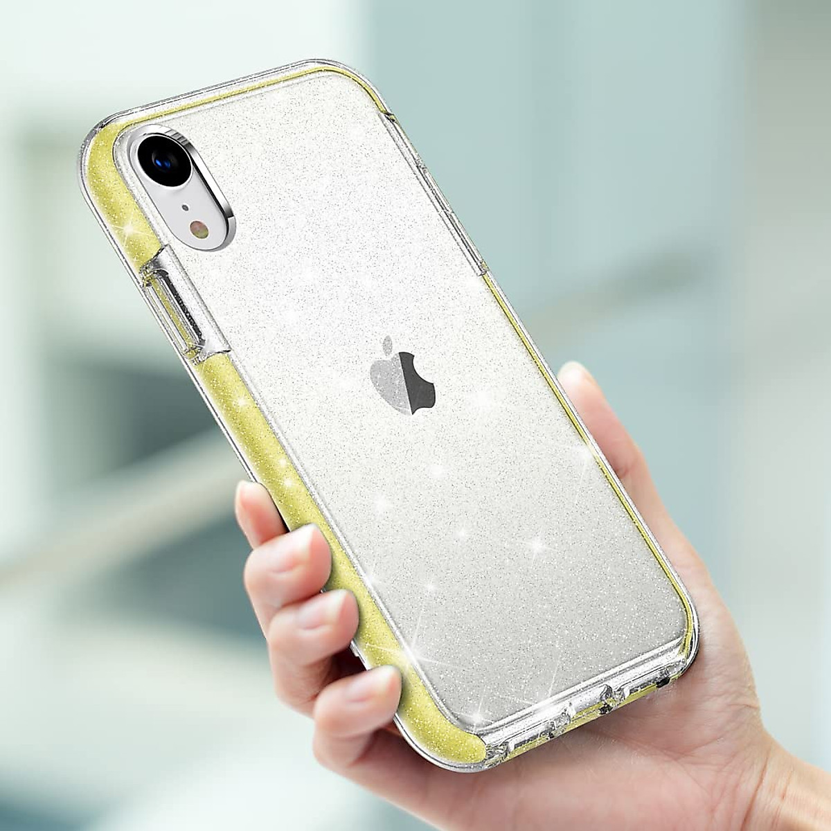 COOLQO Compatible for iPhone XR Case, with [2 x Tempered Glass Screen Protector] Clear Glitter Sparkle 360 Full Body Coverage Hard PC+Soft Silicone 3in1 Shockproof Protective Phone Cover Yellow