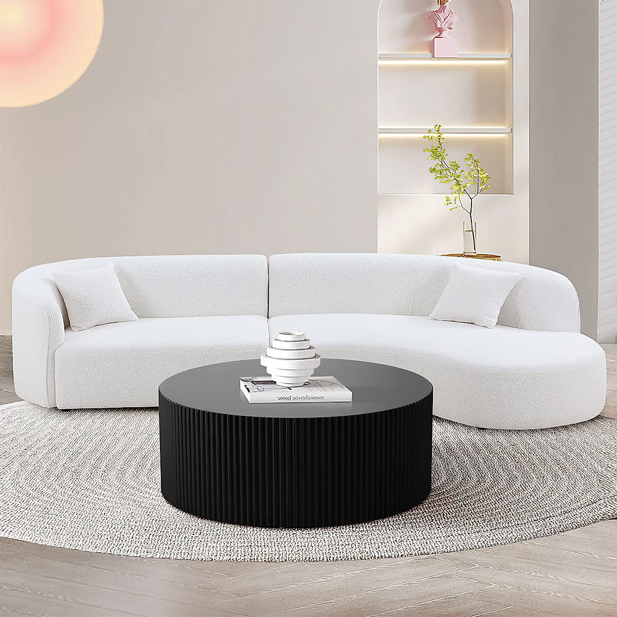 Round Coffee Table, Modern Black Side Table End Table for Living Room, Wood Circle Drum Coffee Table with Handcrafted Relief, Contemporary Living Center Table