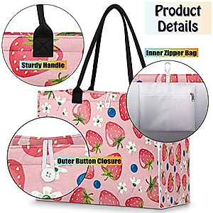 Pink Strawberry Reusable Grocery Shopping Bag with Hard Bottom, Strawberry Pattern Large Foldable Multipurpose Heavy Duty Tote with Zipper Pockets, Stands Upright, Durable and Eco Friendly, Beach Bag