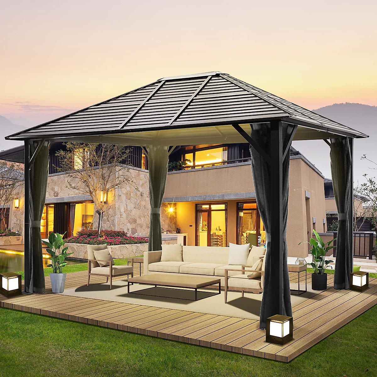 QZEN 10' x 12' Patio Hardtop Gazebo, Outdoor Canopy Gazebo with Netting, Metal Gazebo for Patio, Lawn, Garden, Deck, Outdoor Party…