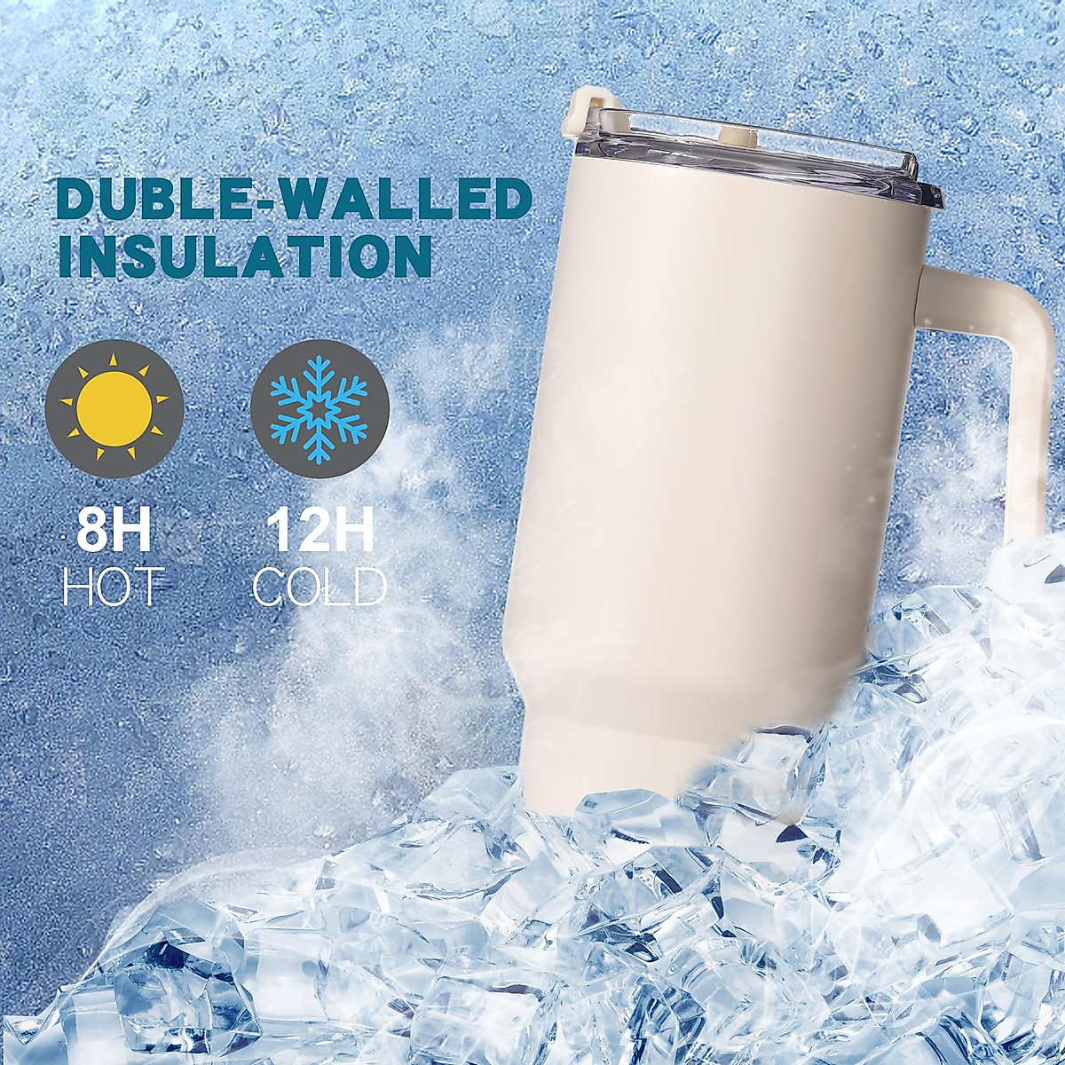 Gome 40 oz Tumbler with Handle Milky white - Stainless Steel Cup with Straw - Insulated Coffee Mug with Lid - Daisy Birthday Gifts for Women - Hand Wash Only