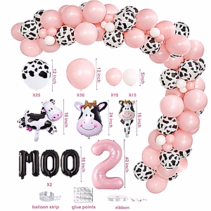 134 PCs Moo Moo I’m Two Birthday Decorations, Fiesec Cow 2nd Birthday Party Supplies for Girls Hanging Swirl Balloon Garland Arch Glitter Banner Cake Cupcake Topper Cow Print Pink White Black