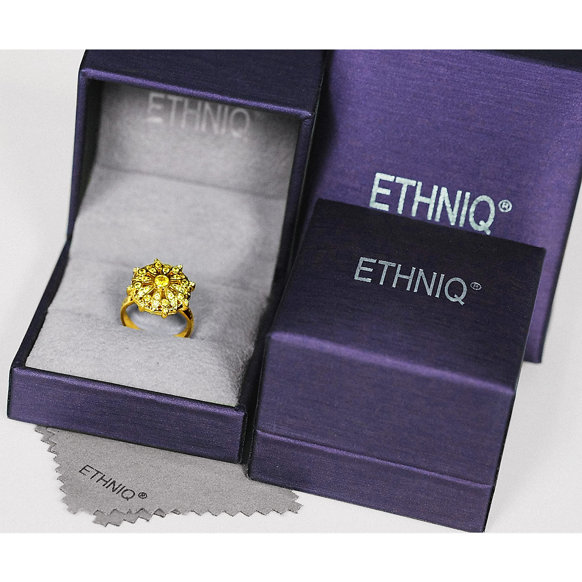 ETHNIQ Felicia Collection Statement Ring Floral Design 22K Gold Plated adorned with Yellow Sapphire Cubic Zirconia Gift Ideas for All occasions & Seasons Women's rings Size 10.25