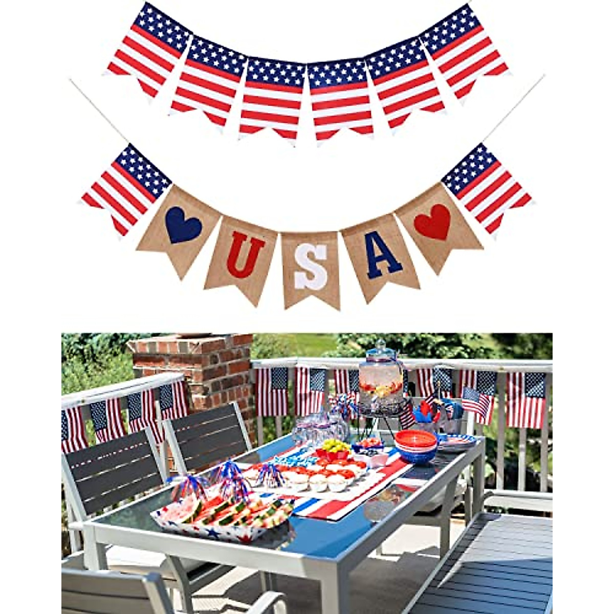 Shimmer Anna Shine USA American Flag Patriotic Burlap Banner for 4th of July Decorations Red White and Blue Memorial Day Decor (USA Flags)