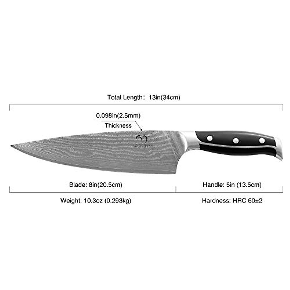 Damascus Kitchen Knife, 8 Inch Chef Knife Professional Kitchen Knife Forged with VG10 Super Steel 67-Layer Damascus, Non-slip ABS Ergonomic Triple Rivet Handle, Razor Sharp Lightweight Multipurpose