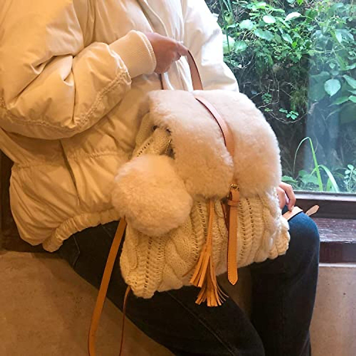 Cute Plush Knit Fuzzy Backpack for Girls Women, Fluffy Backpack with Faux Fur Knitting Kawaii School Supplies Daily Use, Furry Sherpa Fleece Plush Backpack