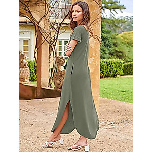 Prinbara Women's Casual Loose Sundress Long Dress Short Sleeve Split Maxi Dresses Cover Up Long Cami Maxi Dresses with Pockets 2PA22-ganlanlvyinzi-S