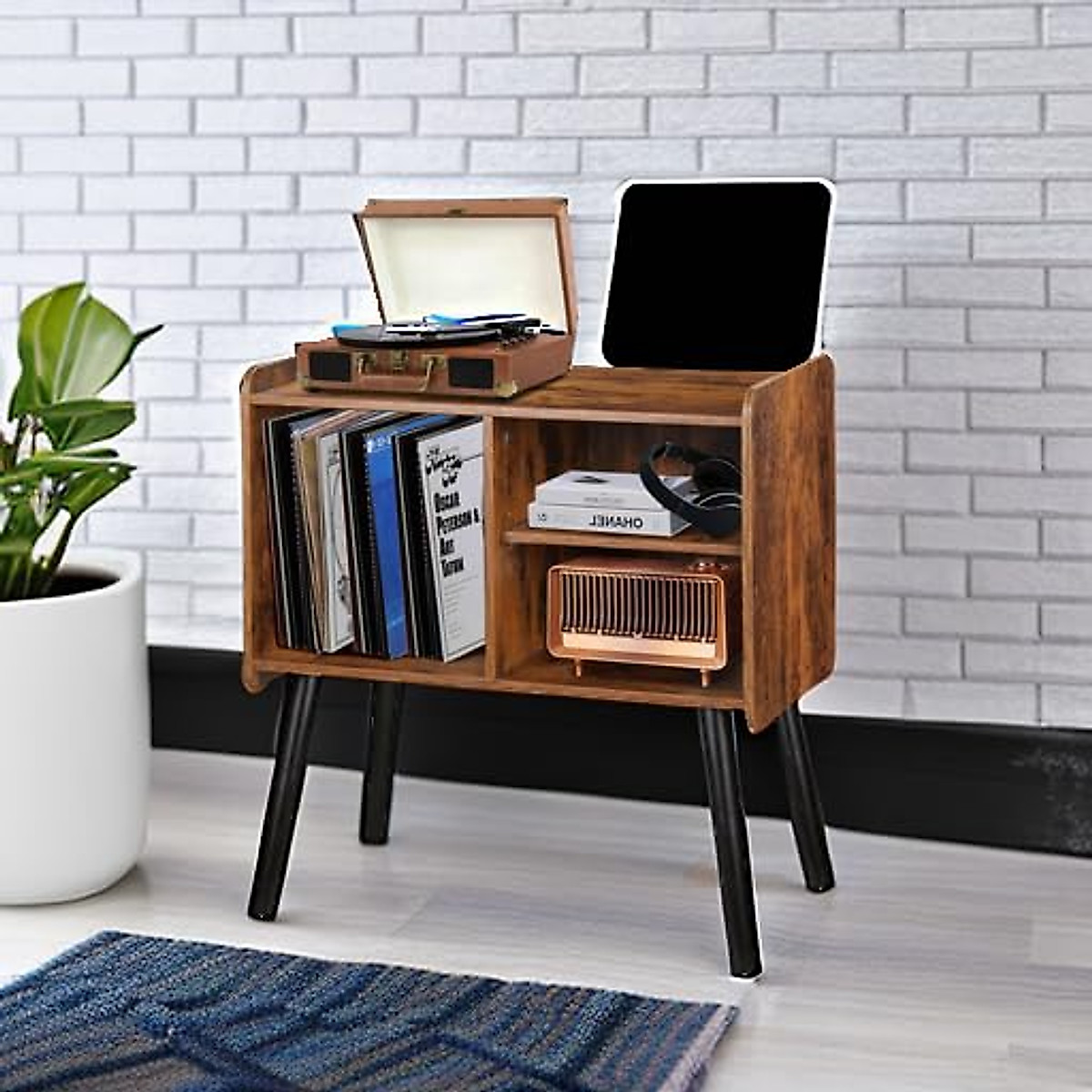 Possile Record Player Stand with Vinyl Record Storage, Mid-Century Turntable Stand for Living Room Bedroom Office, Record Player Table, Vinyl Holder Holds up to 100 Albums, Rustic Brown