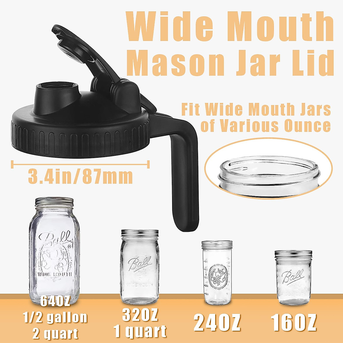 Mason Jar Pour Spout Lid for Wide Mouth Mason Jars, Mason Jar Pitcher Flip Cap Airtight Handle Lid, Leak Proof Seal Cover, Pack of 2