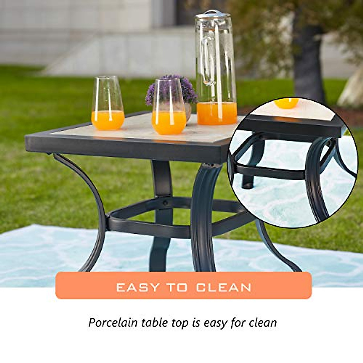 LOKATSE HOME 21" Outdoor Square Patio Dining Table Metal Steel Legs with Ceramics Top, Black