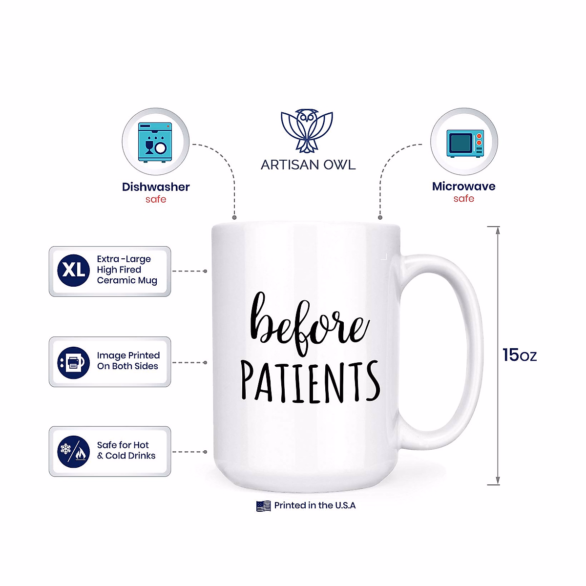 Artisan Owl Before Patients, After Patients SET - Set Contains: One (1) 15 oz Deluxe Large Double-Sided Mug and One (1) 17 oz Stemless Wine Glass