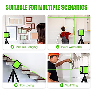 Laser Level with Stand, 50 ft Cross Line Laser, 4 Brightness Adjustment, IP54 Waterproof Self leveling and Manual Mode, Laser Level Tool with 360 Degree Pivoting Base(Battery)