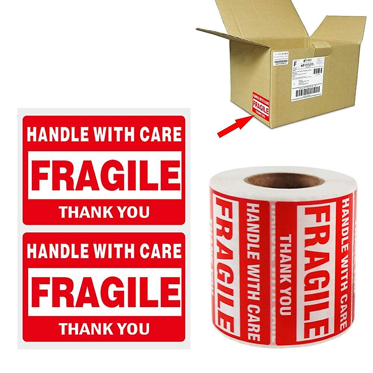 Immuson Warning Fragile Tape, 3" X 2" Fragile Handle with Care Warning Stickers for Shipping and Packing,500 Labels Per Roll (1 Roll)