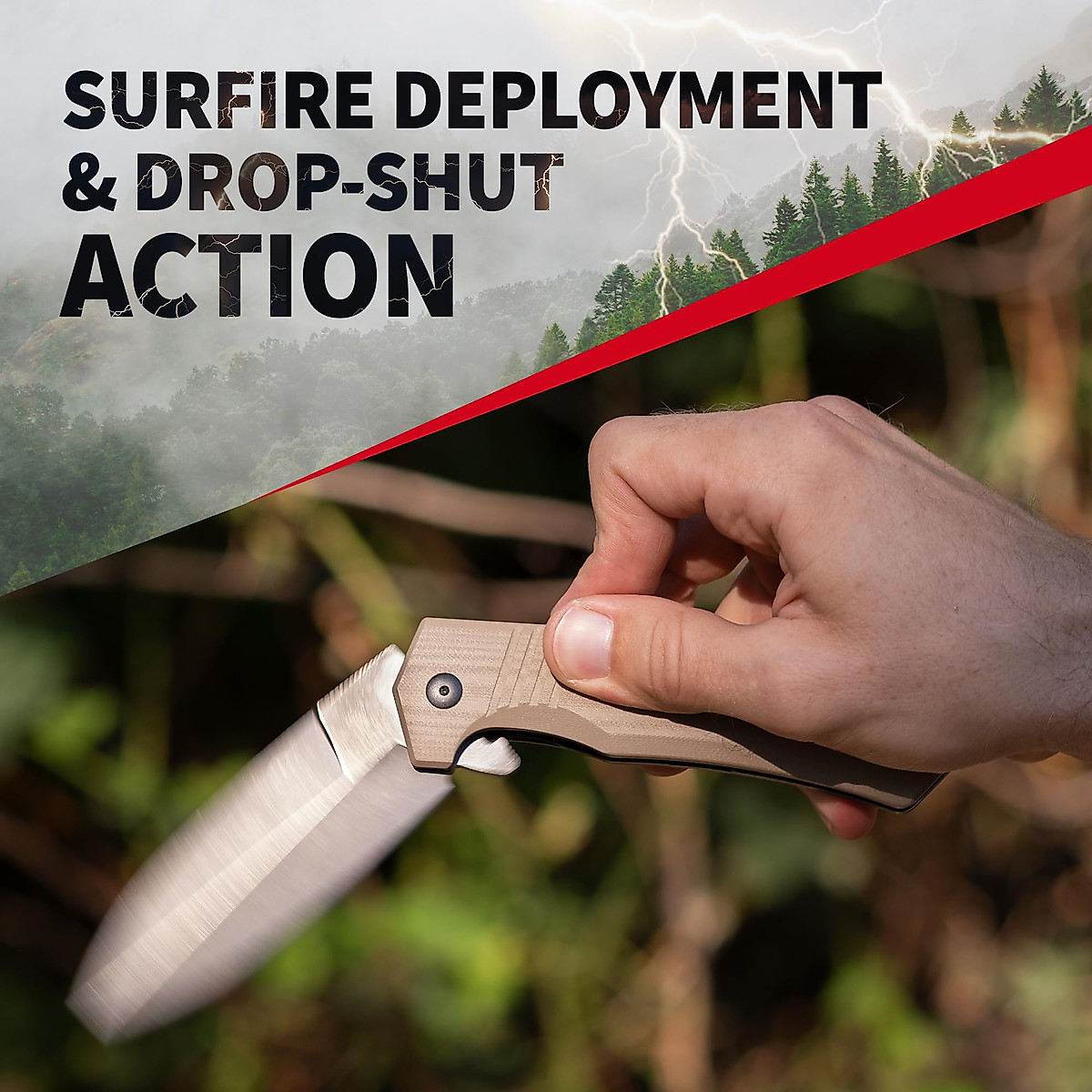 Off-Grid Knives - Stinger XL Folding Knife w. Spear Point Blade, Crucible 154CM Steel, G10 Scales, Deep Carry Clip (Coyote)