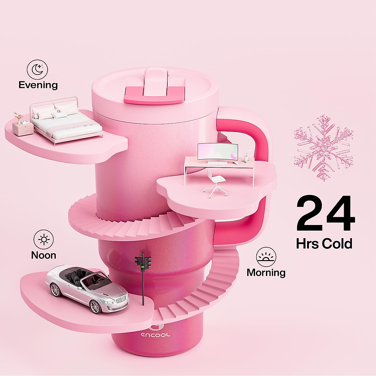 ENCOOL 32 oz Tumbler with Handle and Flip Straw, 100% Resistant Tumbler with Lid and Straw, Insulated Stainless Steel Travel Coffee Mug, Keeps Cold for 24 Hours, Cup Holder Friendly (Flamingo)