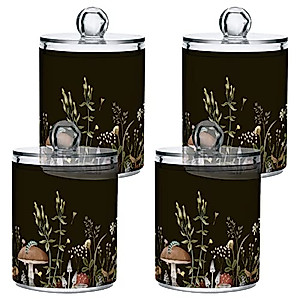 Mushrooms Berries Clear Plastic Storage Jars with Lids, Bathroom Vanity Storage Organizer Holder Canister for Cotton Swabs,Makeup Sponges, Flossers,Bath Salts,4 Pack