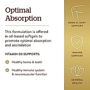 Solgar Vitamin D3 (Cholecalciferol) 125 mcg (5000 IU), 100 Softgels - Helps Maintain Healthy Bones & Teeth - Immune System Support - Non-GMO, Gluten Free, Dairy Free - 100 Servings