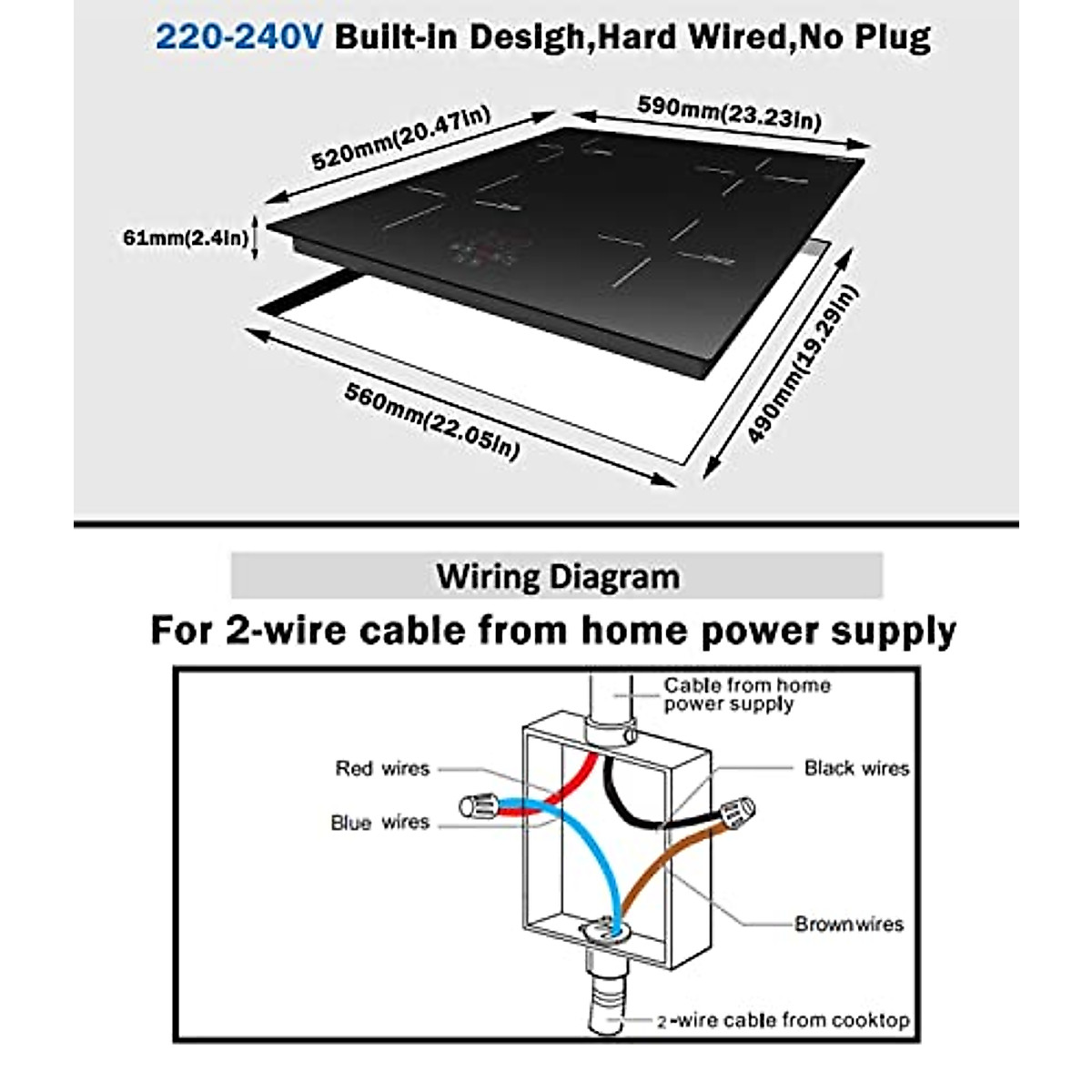 Karinear 24 Inch Induction Cooktop 4 Burner Electric Cooktop, Drop-in Induction Burner with Timer and Child Lock, Pause Function, Vitro Ceramic Glass, 220-240V, 6400W, Hard Wired(No Plug)