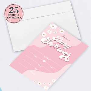 Set of 25 Baby Shower Invitations with Envelopes, Diaper Raffle Tickets and Baby Shower Book Request Cards, Retro Bohemian Hippie Vibes Daisy Theme Gender Reveal Party For Boys or Girls(YQKTZ-A08)