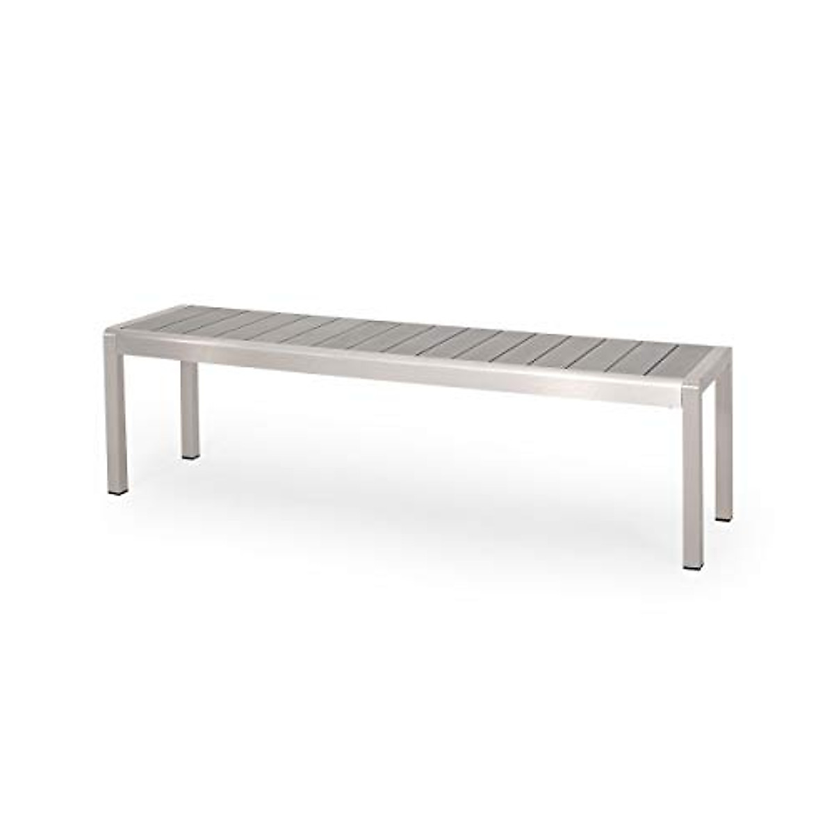 Great Deal Furniture Odelia Outdoor Modern Aluminum Dining Bench with Faux Wood Seat, Gray and Silver