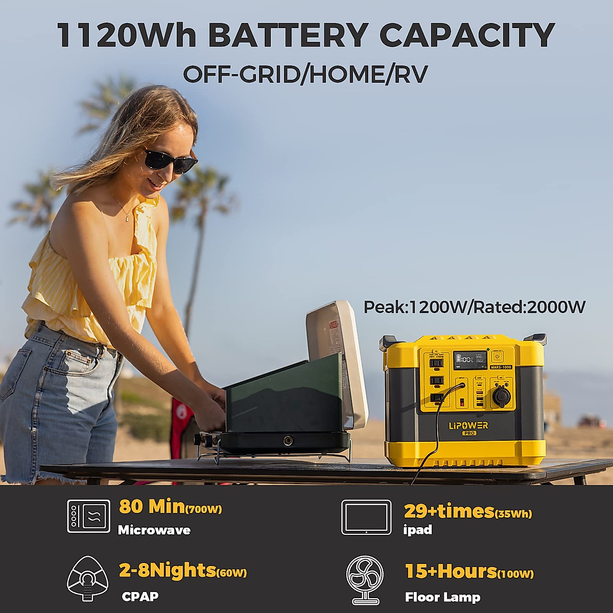 LIPOWER Portable Power Station, 1200W Solar Generator LiFePO4 Battery G1000L1120Wh with AC Outlets Emergency Power for Camping, RV, Outdoor