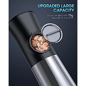 Gravity Electric Salt and Pepper Grinder Set - USB Rechargeable Automatic Pepper Mill Grinder - Generous Capacity - Adjustable Fineness - One Handed Operation, Stainless Steel Construction, LED Light