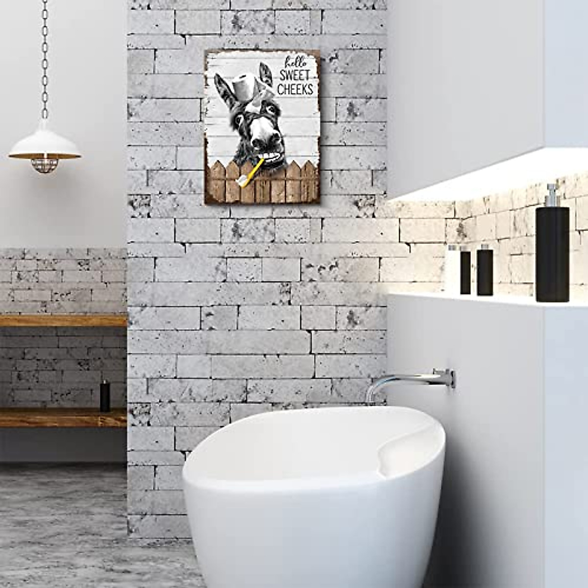 Farmhouse Bathroom Decor Wall Art Funny Donkey Bathroom Wall Art Donkey Bite Toothbrush Pictures for Wall Rustic Animal Canvas Print Framed Artwork for Washroom Bathroom Wall Decor 12x16 Inch