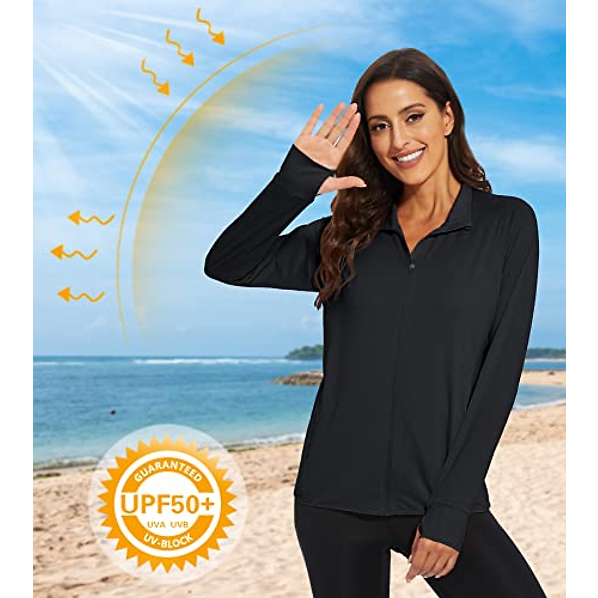 MAGCOMSEN Women's UPF 50+ Lightweight Athletic Jacket Sun Protection Full Zip Long Sleeve Shirts Hiking Outdoor Pockets Black L